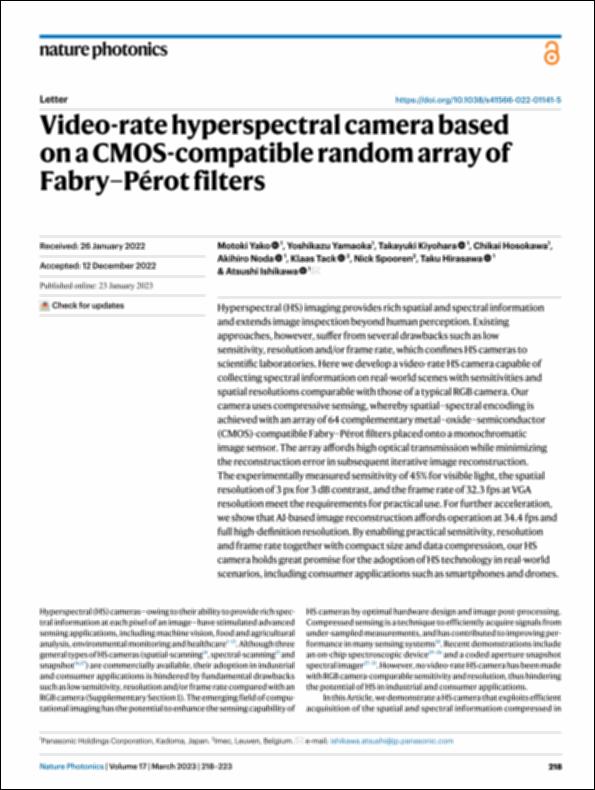 Video-rate hyperspectral camera based on a CMOS-compatible random array ...